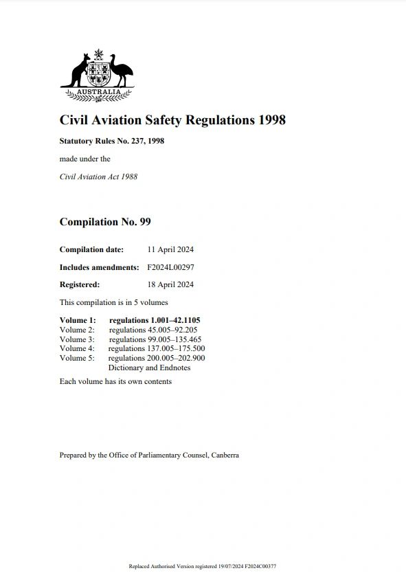 Civil Aviation Safety Regulations 1998 - Volume 1