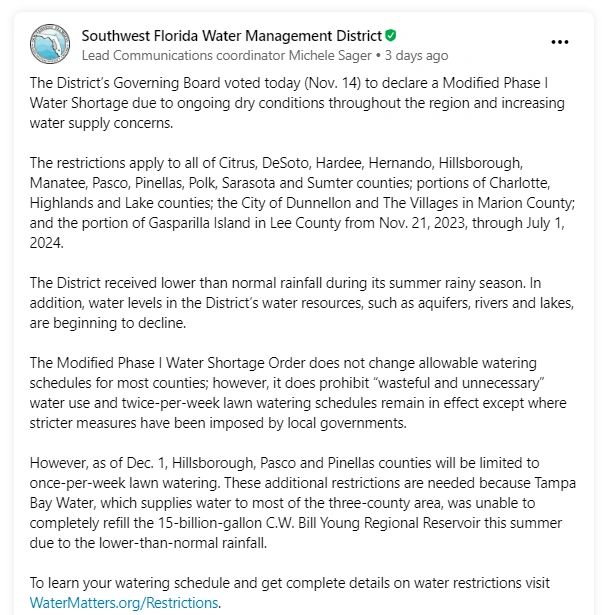 SWFWMD Declares Water Restrictions
