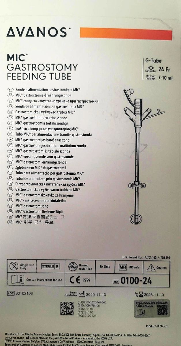 AVANOS MEDICAL 0100-24 Gastrostomy Feeding Tube, 24 fr, 7 to 10 ml ...