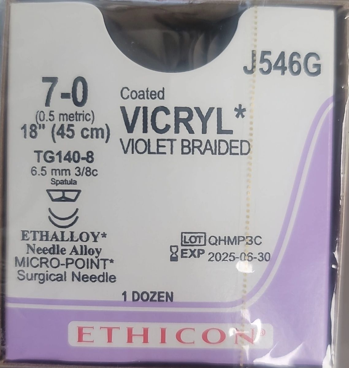 ETHICON J546G: 7-0 VICRYL VIOLET 18" TG140-8 SPATULA, DOUBLE ARMED (In ...