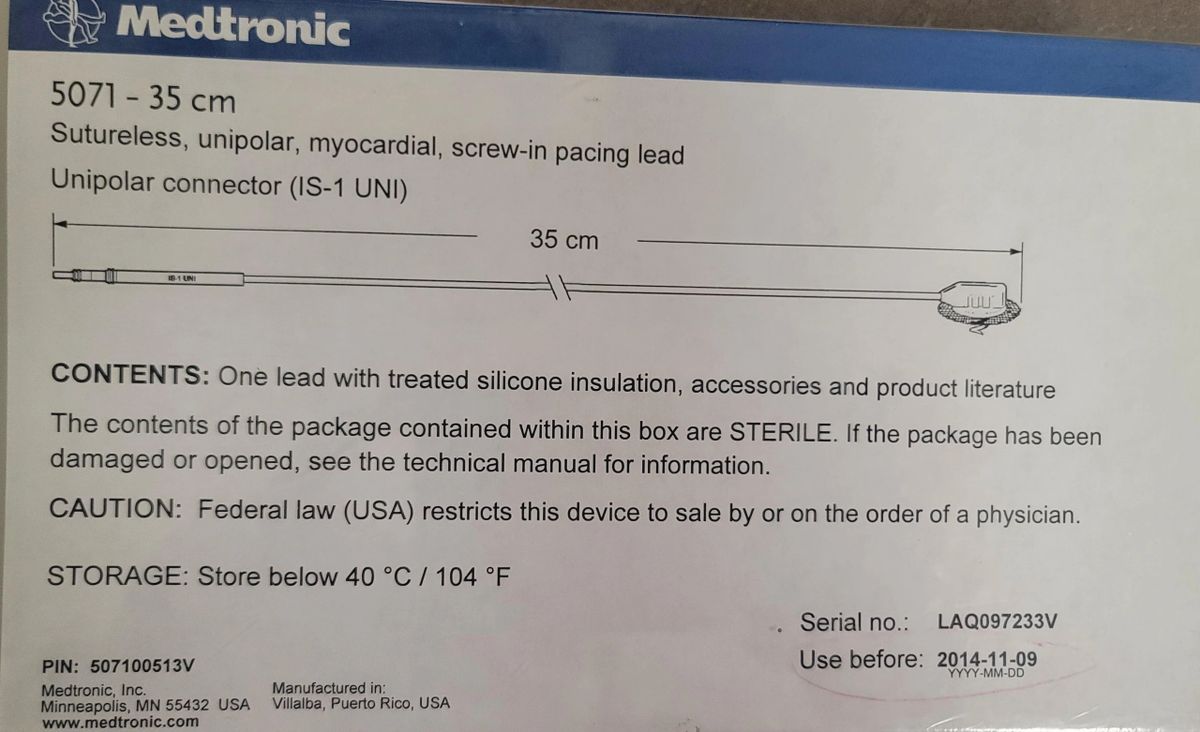 MEDTRONIC 5071 Sutureless, Unipolar, Myocardial, Screw-In Pacing Lead ...