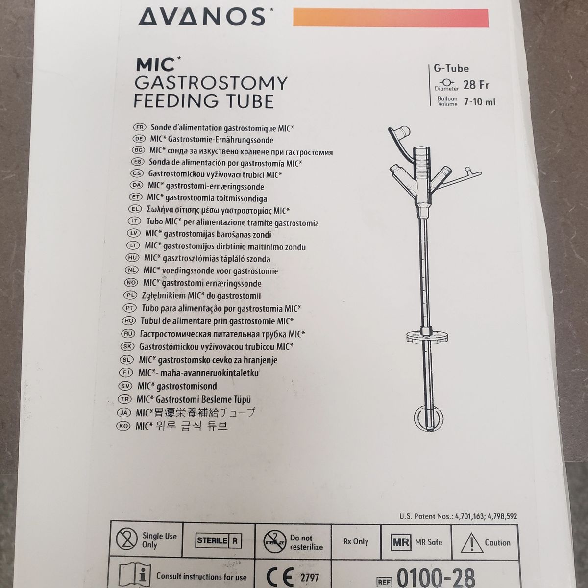 AVANOS 0100-28 MIC* Gastrostomy Feeding Tube 28Fr, 7-10ml (X)