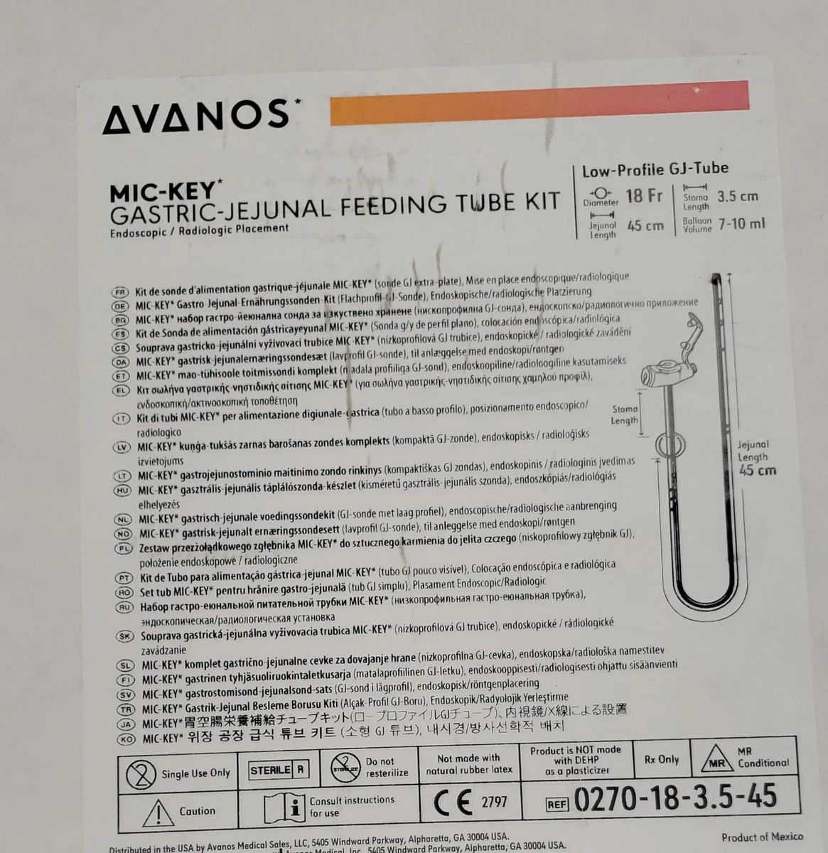 AVANOS 0270-18-3.5-45 Mic-Key Gastric-Jejunal Feeding Tube Kit, Low ...