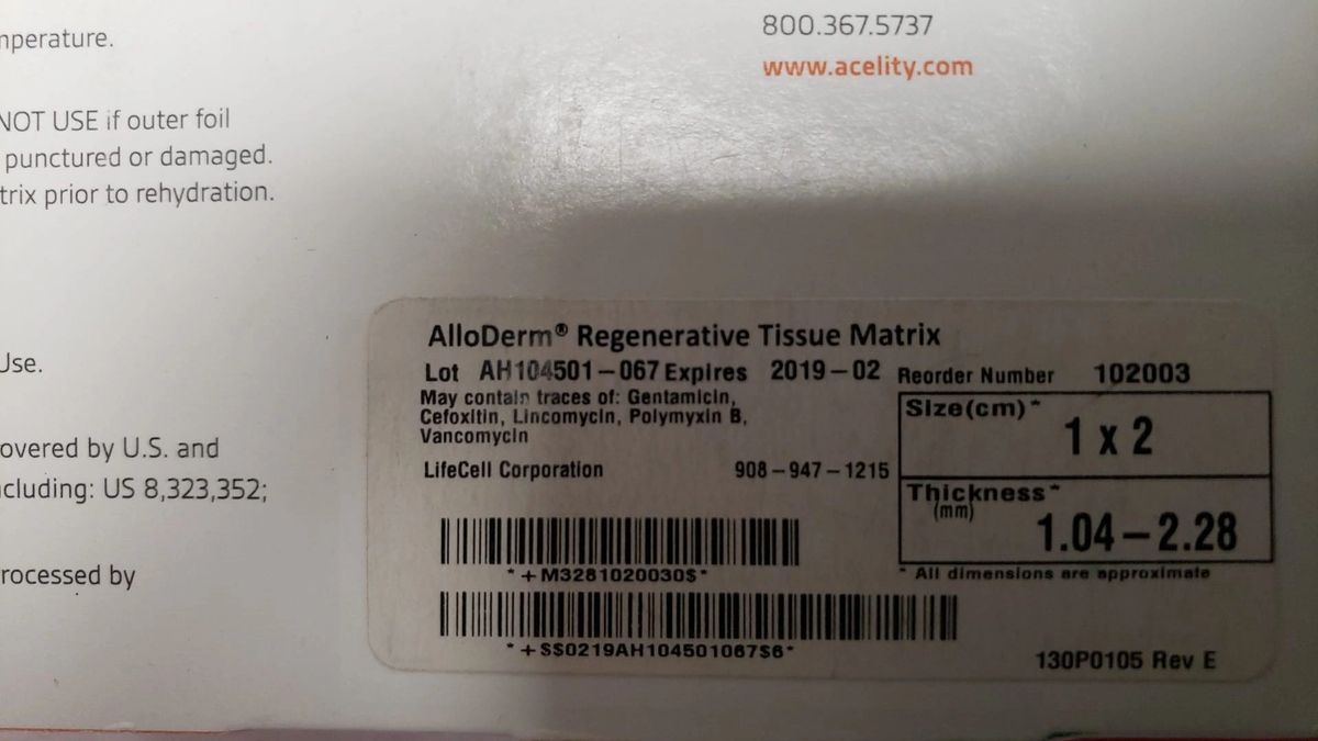 LIFECELL 102003 ALLODERM REGENERATIVE TISSUE MATRIX, 1CM X 2CM (X)