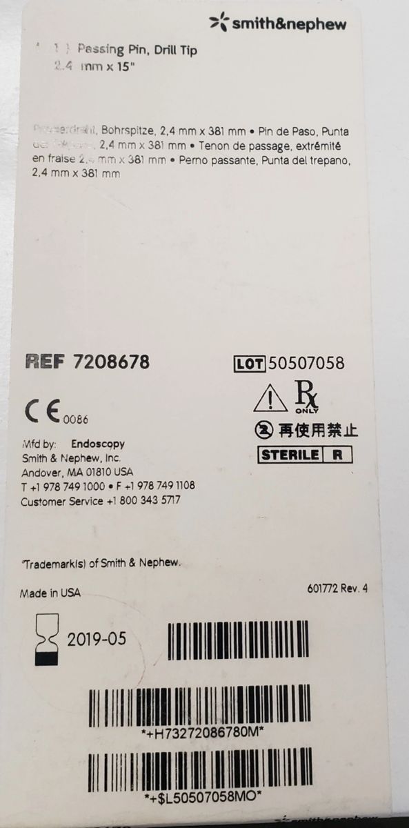 SMITH & NEPHEW: 7208678 Drill Tip Passing Pin, 2.4 mm x 15 in. (x)