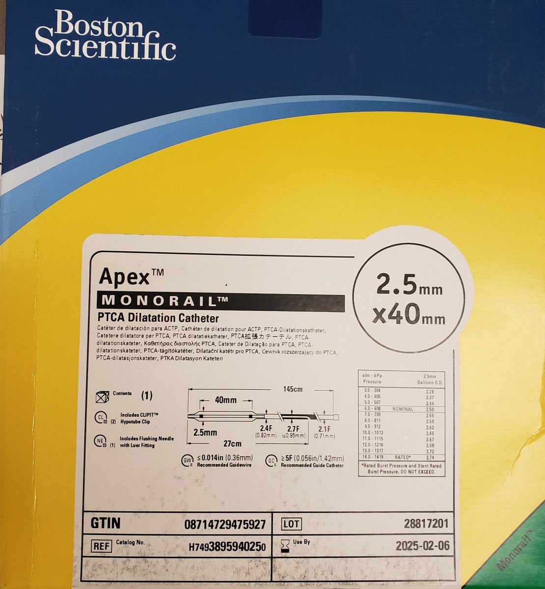 Apex MONORAIL : 38959-4025 Balloon Catheter, 2.5 dia. x 40 mm Balloon ...