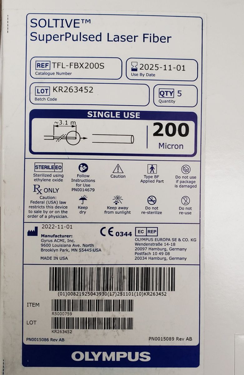 Olympus TFL-FBX200S SOLTIVE SuperPulsed Laser Fiber, 3.1 m 200 Micron, IN-DATE/2025