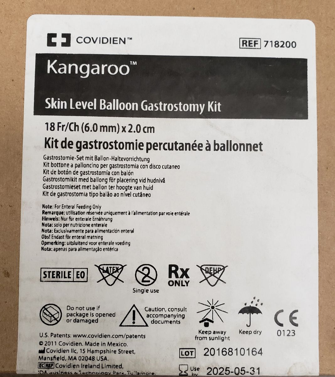 COVIDIEN 718200 KANGAROO SKIN LEVEL BALLOON GASTROSTOMY KIT 18FR/CH(6.0 ...