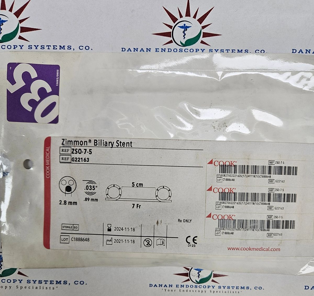 COOK MEDICAL G22163 ZIMMON BILIARY STENT SET, 7 Fr. x 5 cm x .035 cm ...