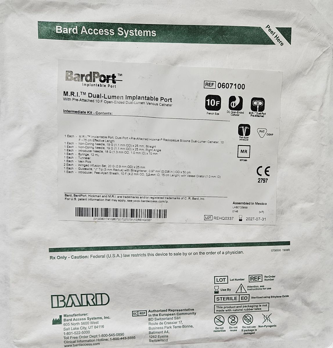 BARD 0607100 BardPort MRI Dual-Lumen Implantable Port Preconnected 10F ...