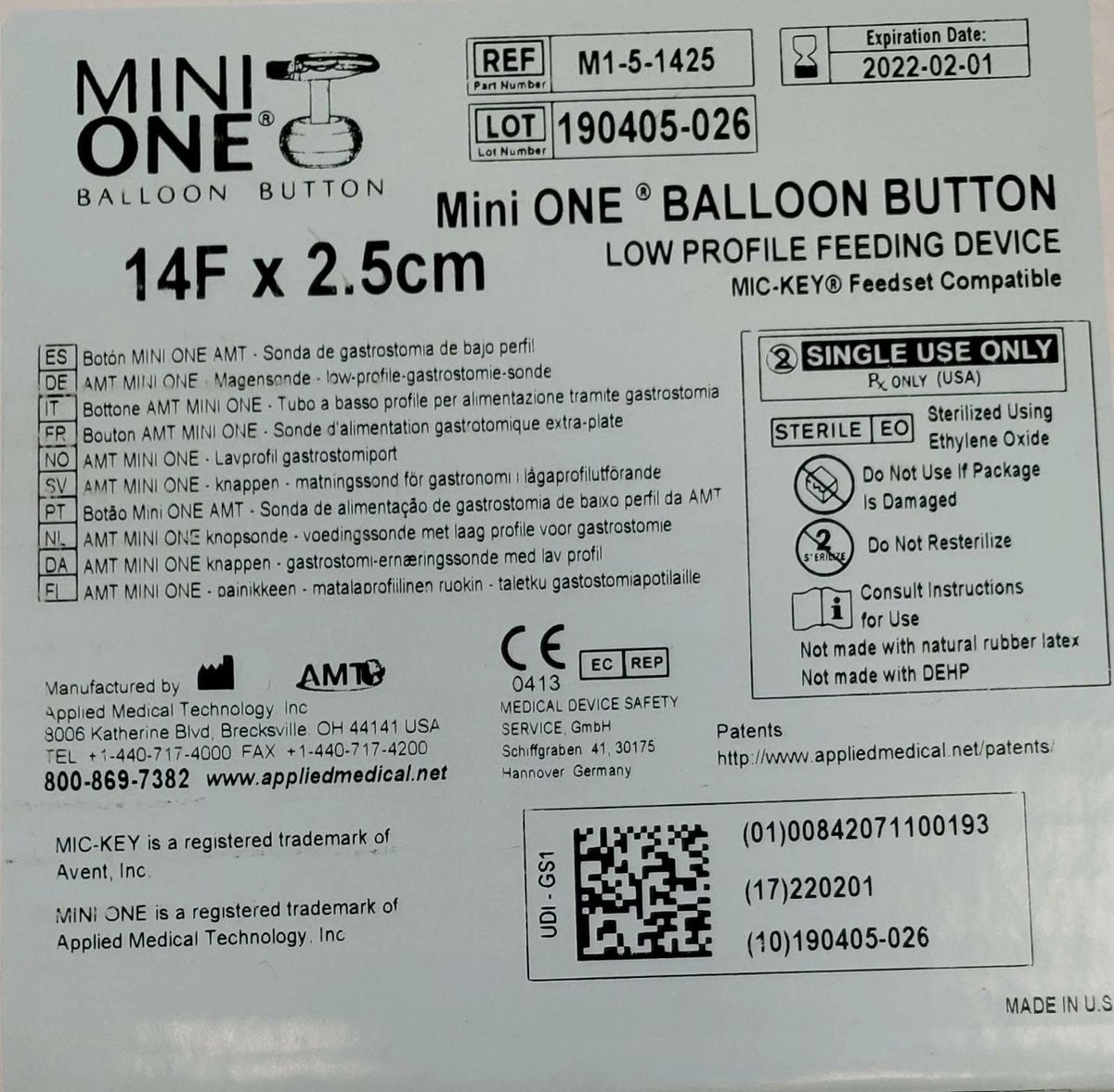 AMT M1-5-1425 Mini ONE Balloon Button Low Profile Feeding Device, 14FR ...