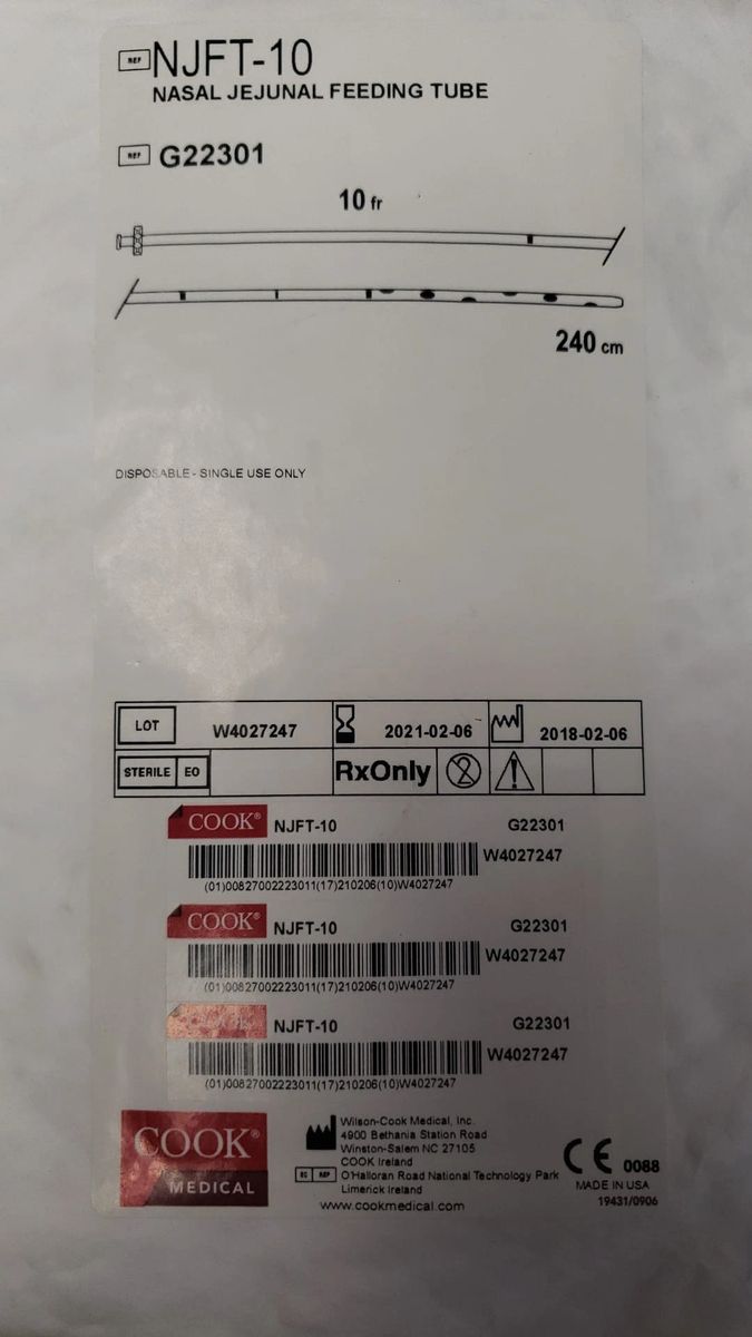 COOK MEDICAL G22301 NASAL JEJUNAL FEEDING TUBE 10Fr 240cm (X)