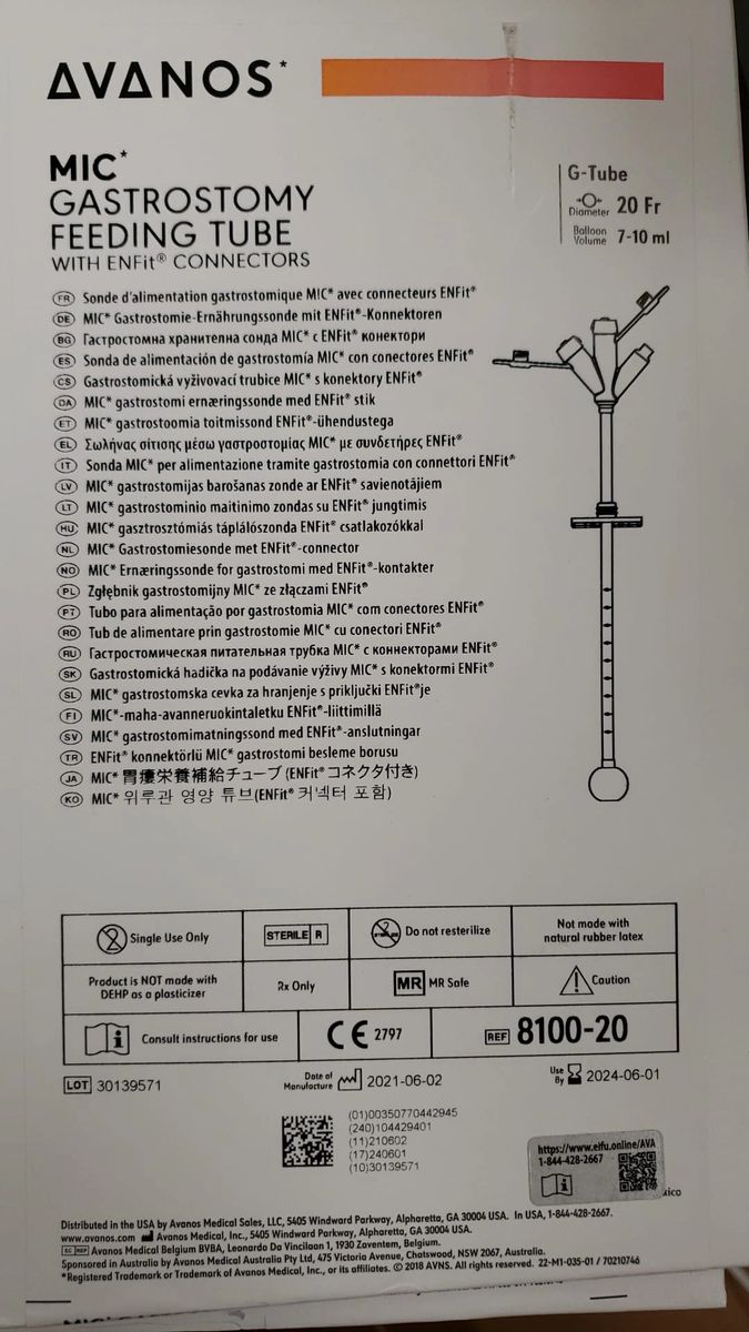AVANOS 8100-20 MIC GASTROSTOMY FEEDING TUBE G-Tube 20Fr X 7-10 ml WITH ...