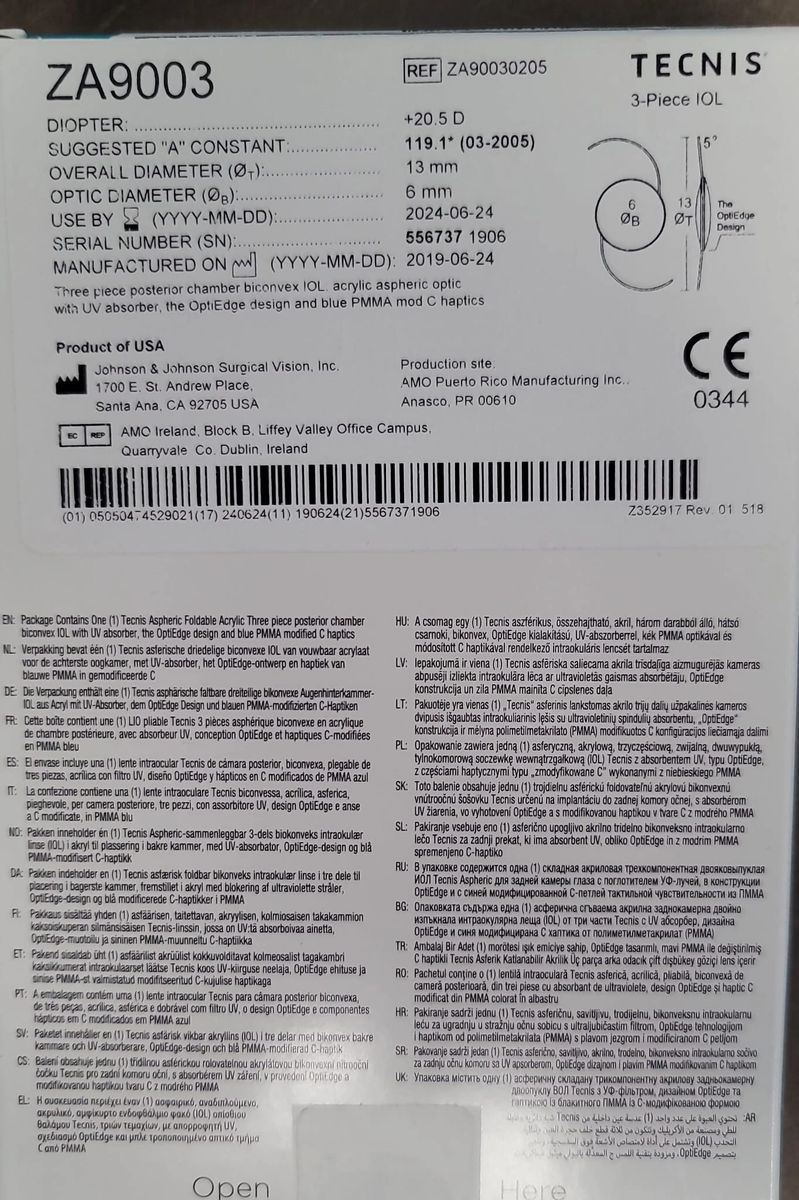 TECNIS ZA90030205 Aspheric IOL Foldable Acrylic intraocular lens (In Date)