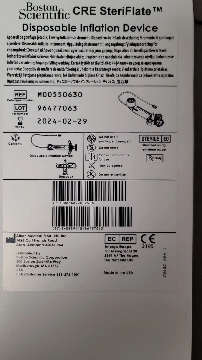 Boston Scientific M00550630 CRE SteriFlate Disposable Inflation Device ...