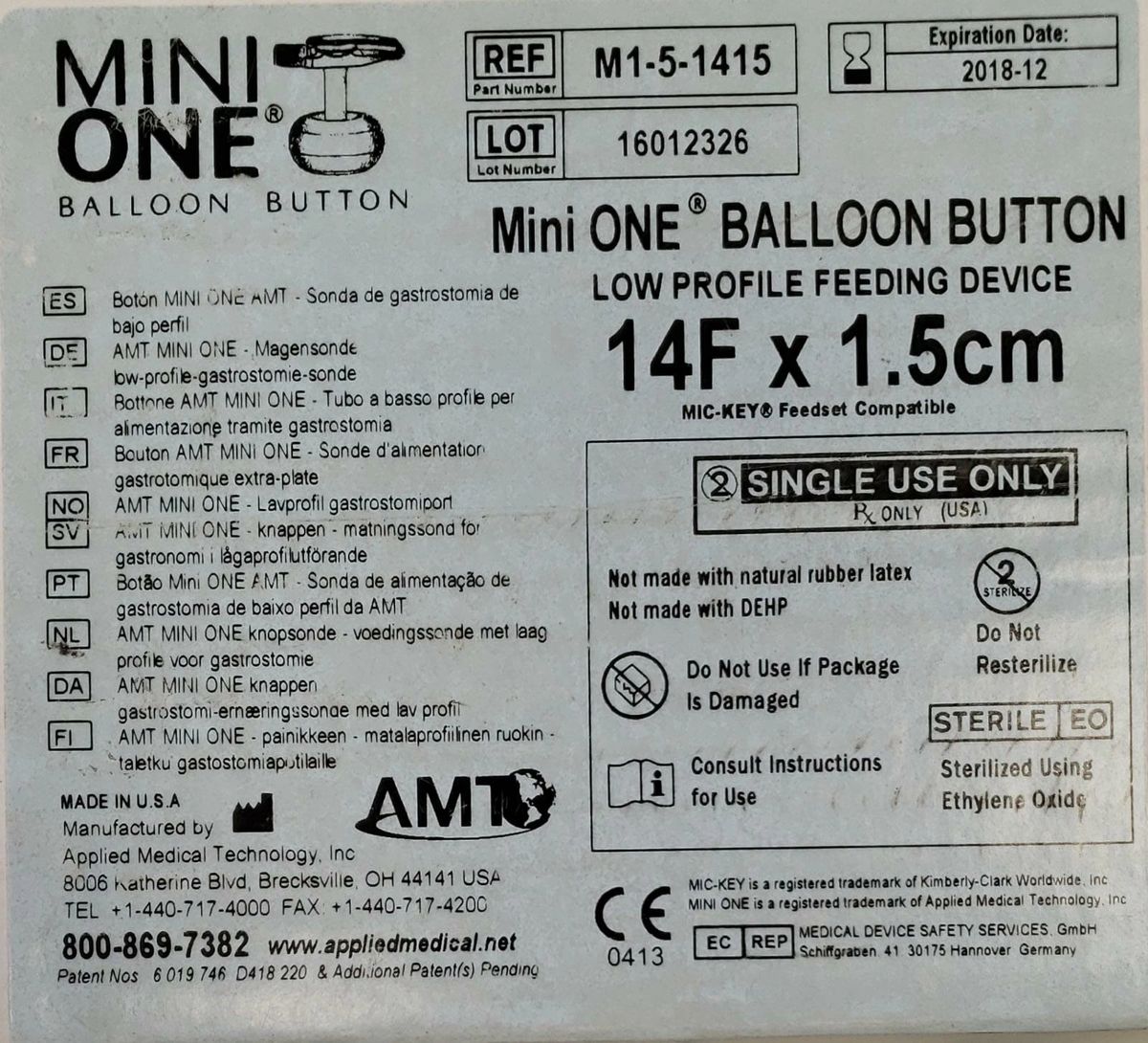 AMT M1-5-1415 Mini ONE Balloon Button Low Profile Feeding Device, 14FR ...