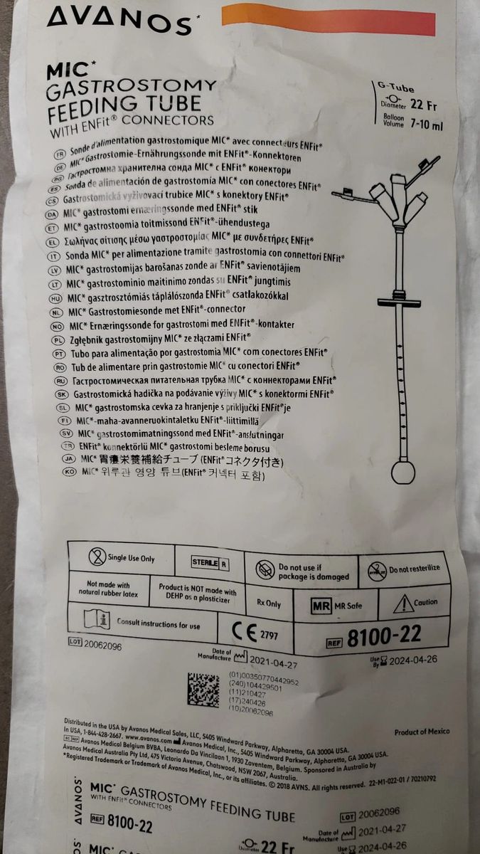 AVANOS MEDICAL 8100-22 MIC GASTROSTOMY FEEDING TUBE G-Tube 22Fr X 7-10 ...