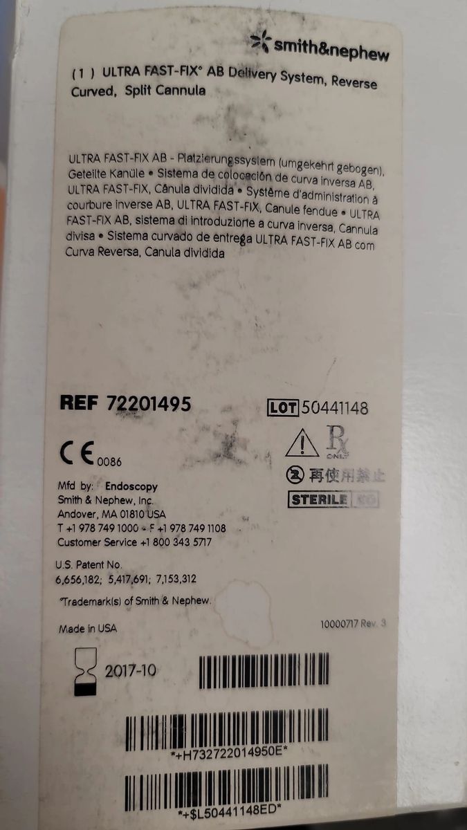 SMITH & NEPHEW 72201495 ULTRA FAST-FIX AB Delivery System, Reverse ...