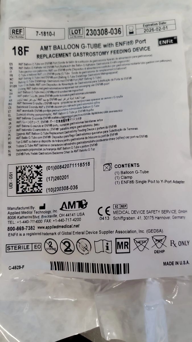 AMT 7-1810-I Gastrostomy Balloon G-Tube w/ EnFit Port Replacement, 18FR ...