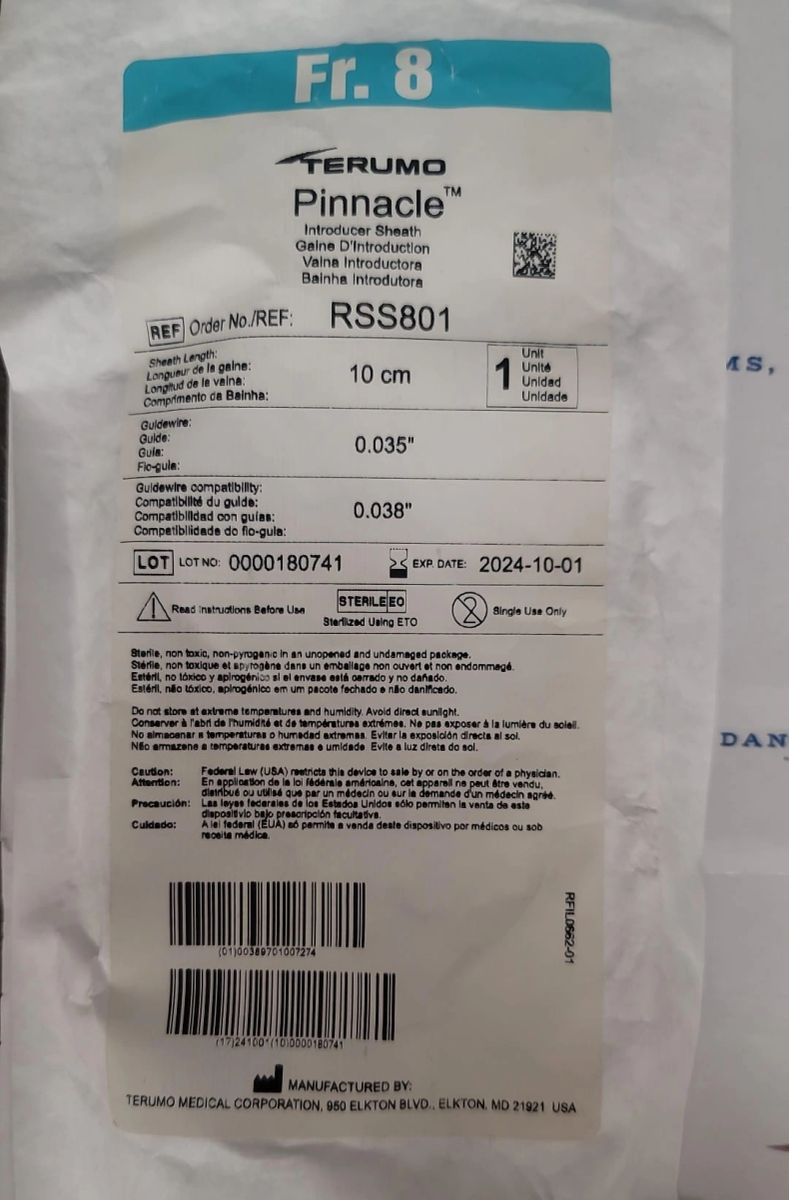Terumo RSS801 PINNACLE Introducer Sheath w35 Guidewire 8Fr. X 10cm ...