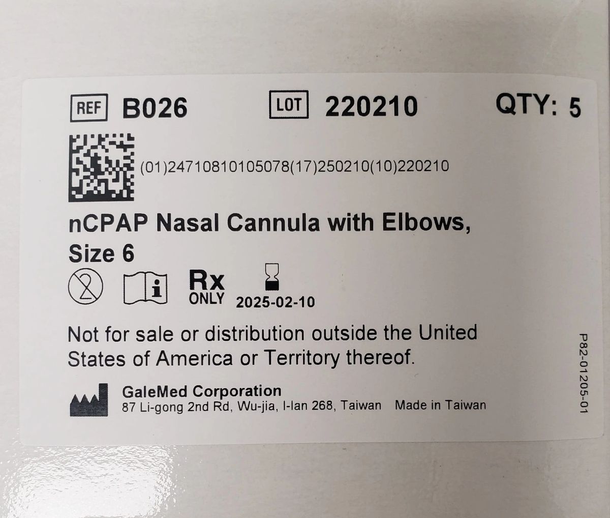 GaleMed B026 nCPAP Nasal Cannula with Elbows, Size 6 Box of 5 (X)