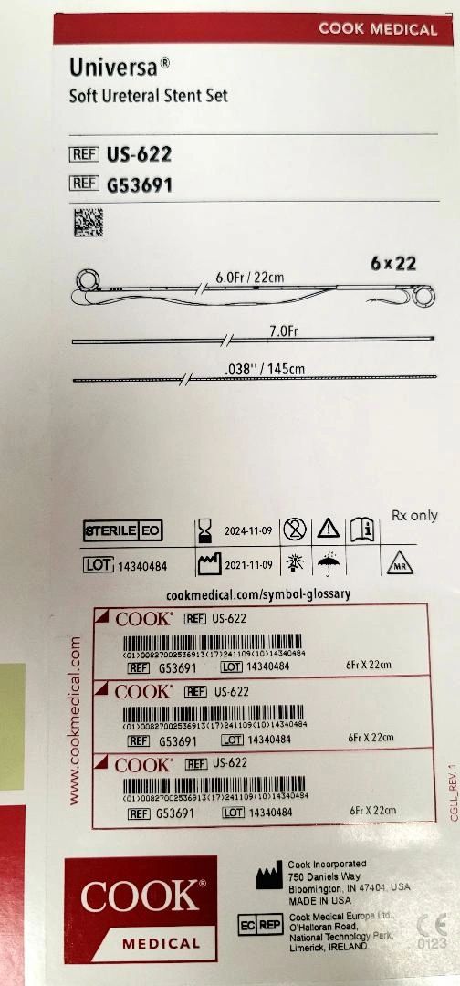 Cook Medical G53691 Universa Soft Ureteral Stent Set 6Fr X 22cm (In ...