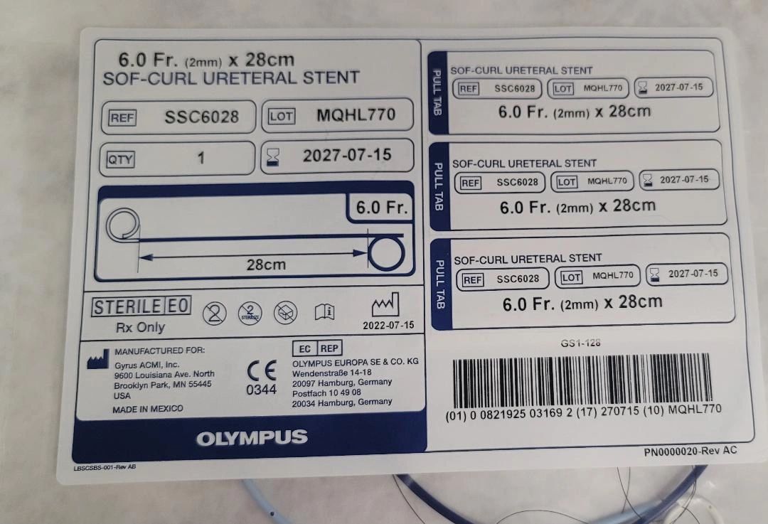 Olympus SSC6028 SOF-CURL Ureteral Stent 6.0Fr X 28cm (IN DATE!)
