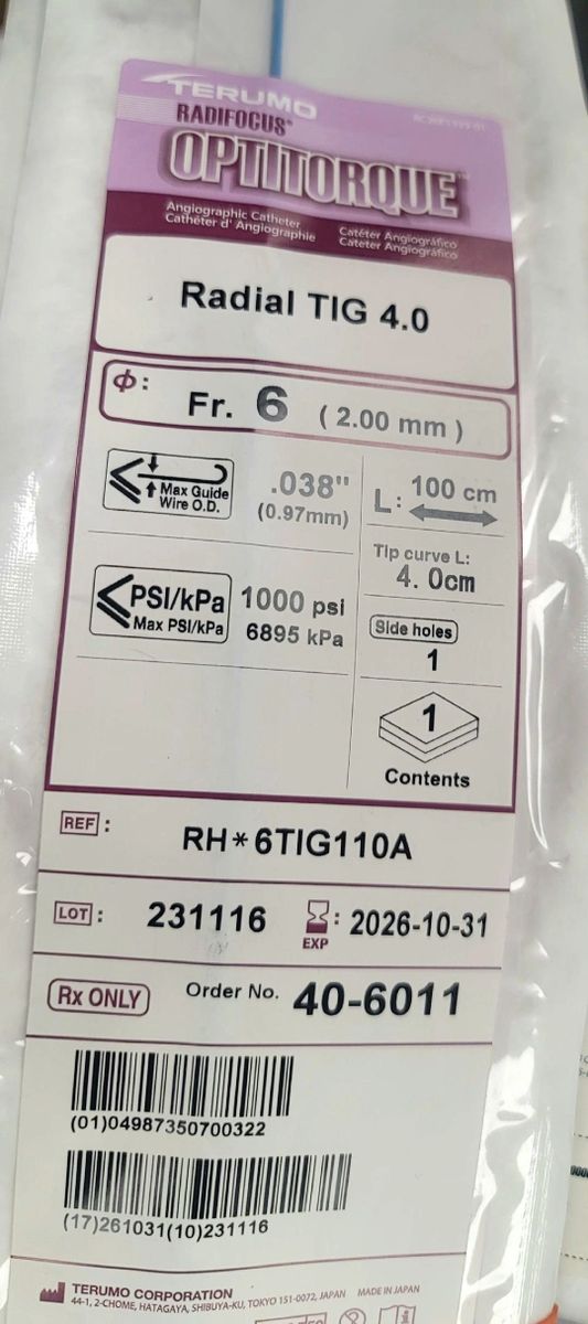 Terumo 40-6011 RadiFocus Optitorque Angiographic Catheter Radial TIG 4. ...