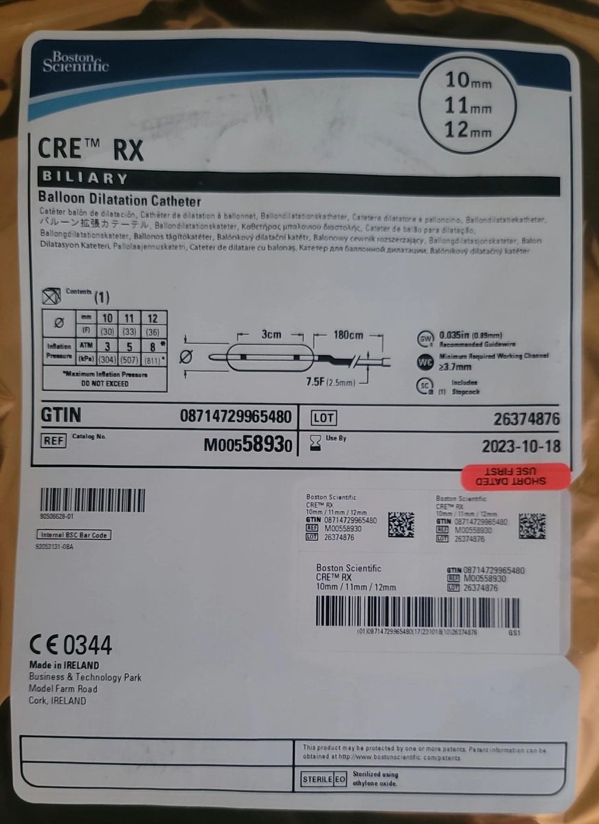 Boston Scientific 5893 CRE RX Biliary Balloon Dilatation Catheter 10-11 ...
