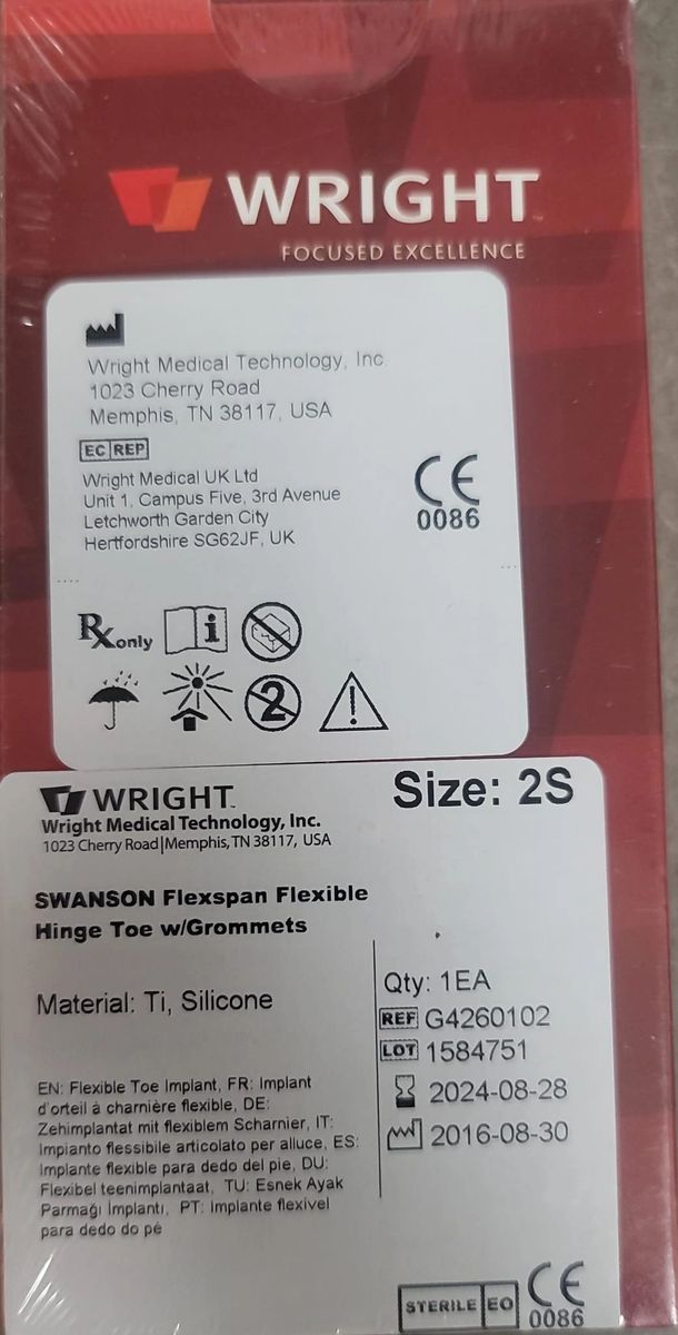 WRIGHT MEDICAL G4260102 Swanson Flexspan Flexible Hinge Toe wGrommets ...