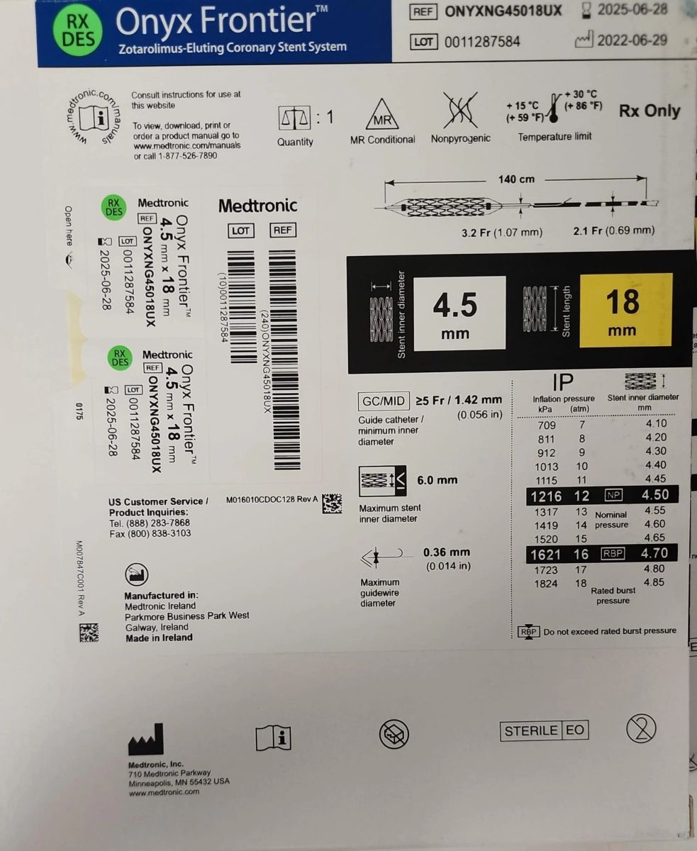 Medtronic ONYXNG45018UX Onyx Frontier Zotarolimus-Eluting Coronary ...