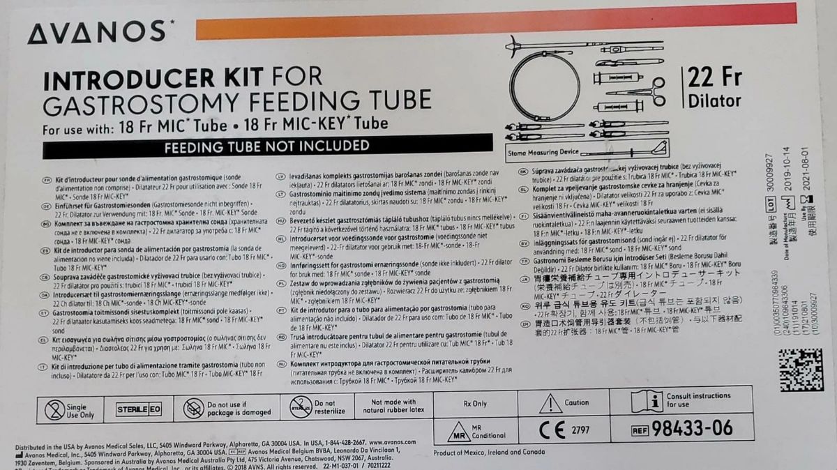AVANOS MEDICAL 98433-06 INTRODUCER KIT FOR GASTROSTOMY FEEDING TUBE For ...