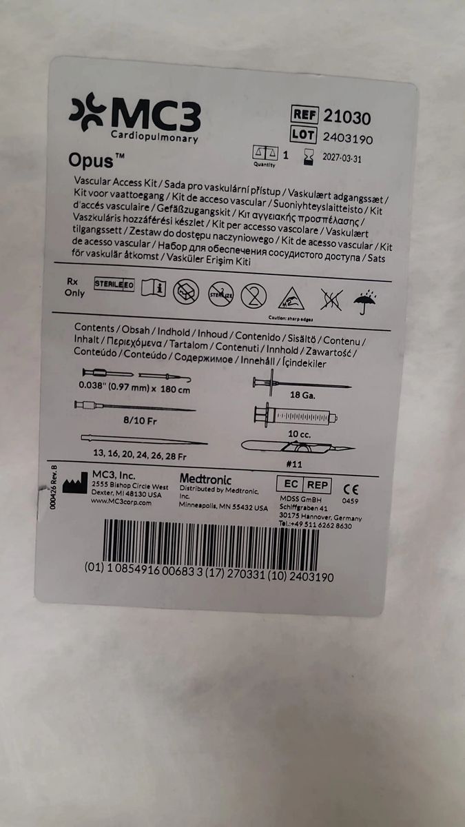 MEDTRONIC 21030 MC3 Cardiopulmonary Opus Vascular Access Kit (IN DATE)