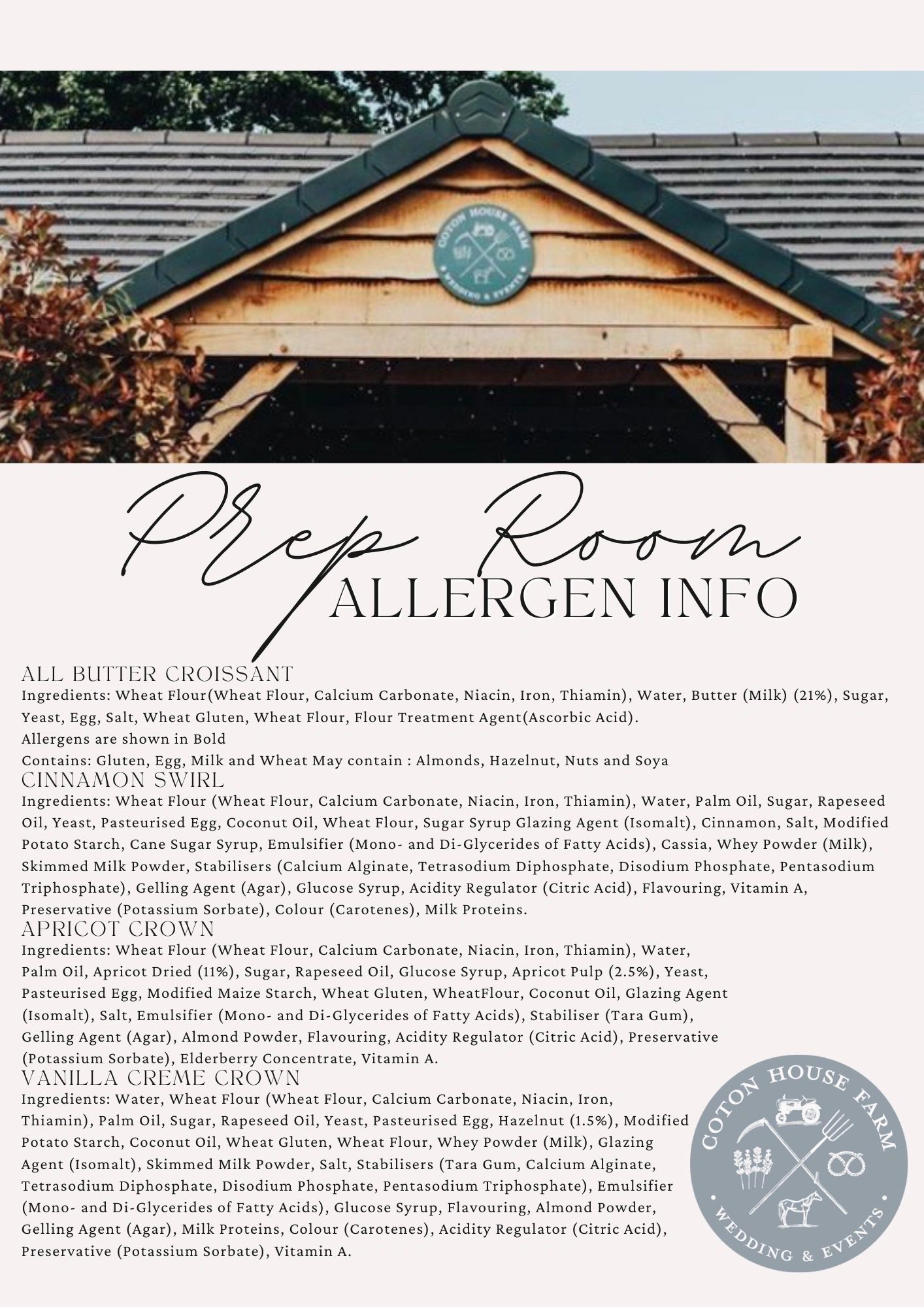Prep Room Allergen Info | Wines and Weddings