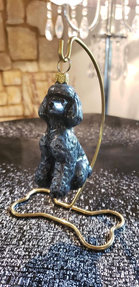 European Glass Hand Painted Black Poodle Ornament with Stand