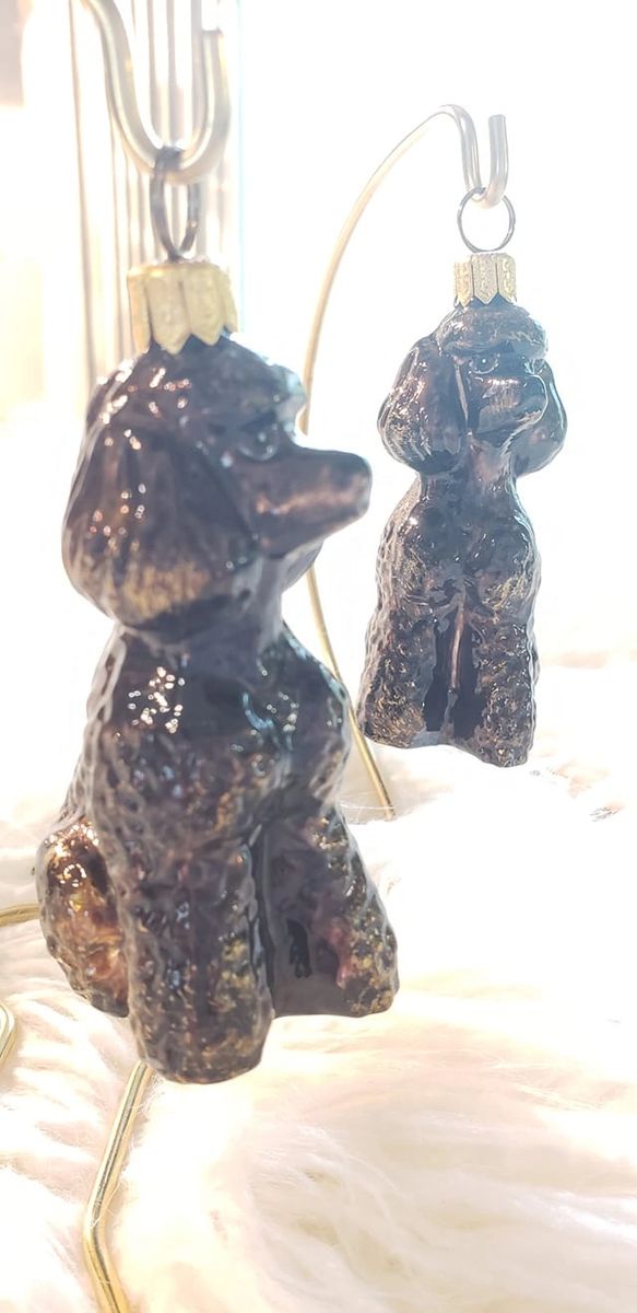 European Glass Hand Painted Brown Poodle Ornament with Stand