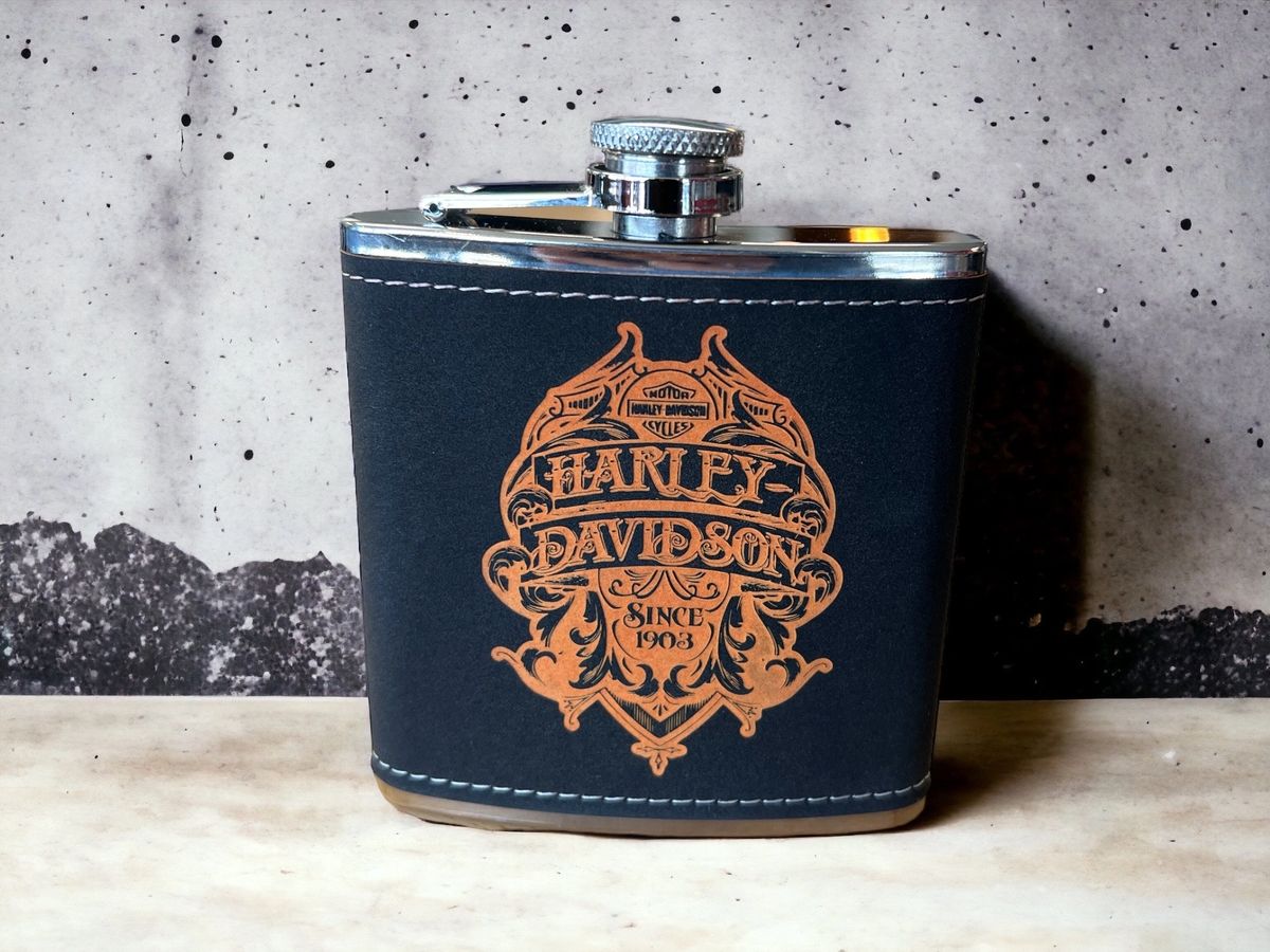 6oz Flask Harley Davidson Shield Logo, Custom Engraved Flask, Leather ...