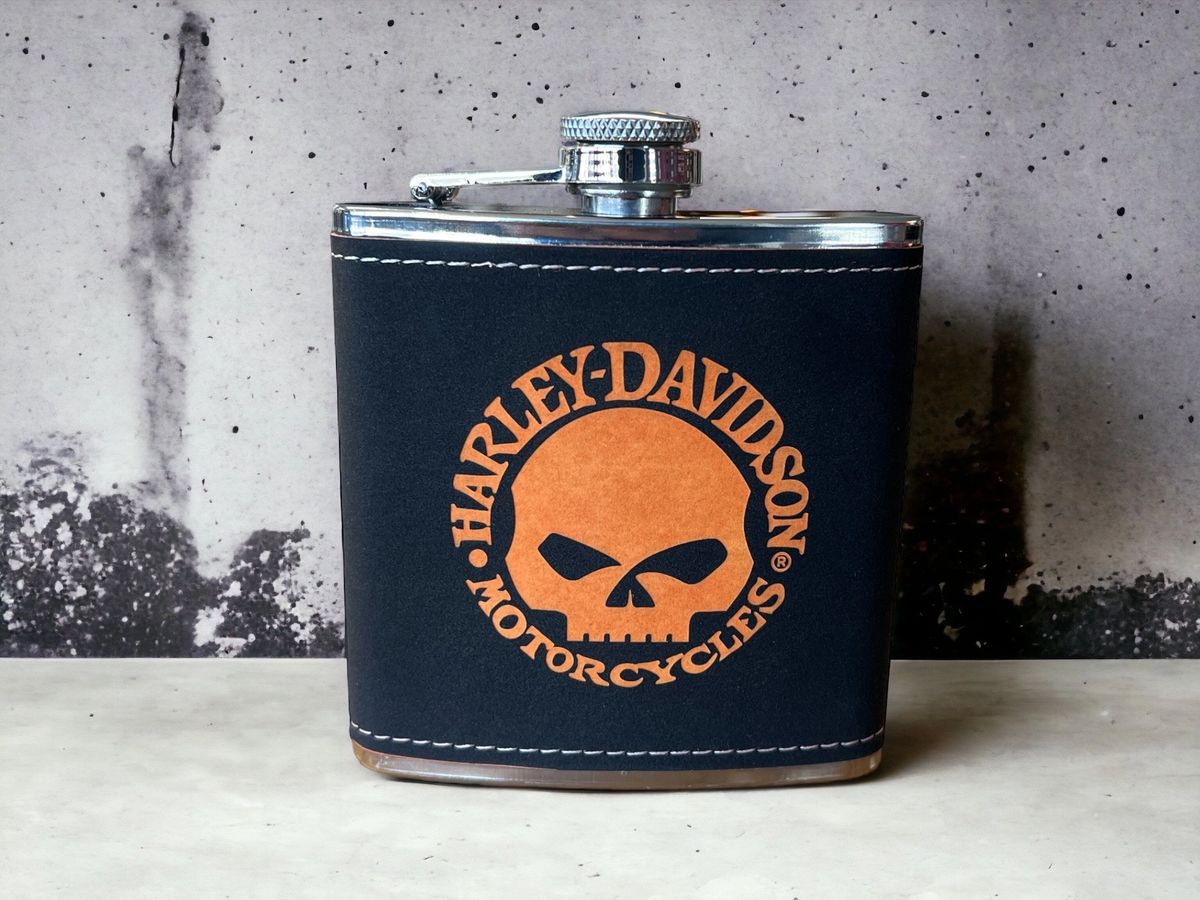6oz Flask Harley Davidson Skull, Custom Engraved Flask, Leather Flask ...