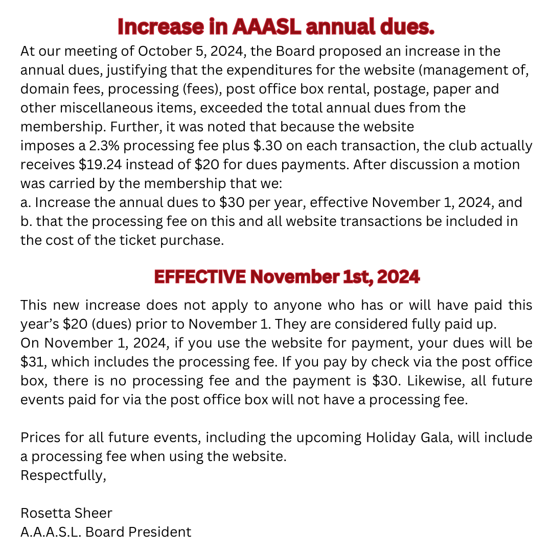 Membership Dues will increase 11/1/24