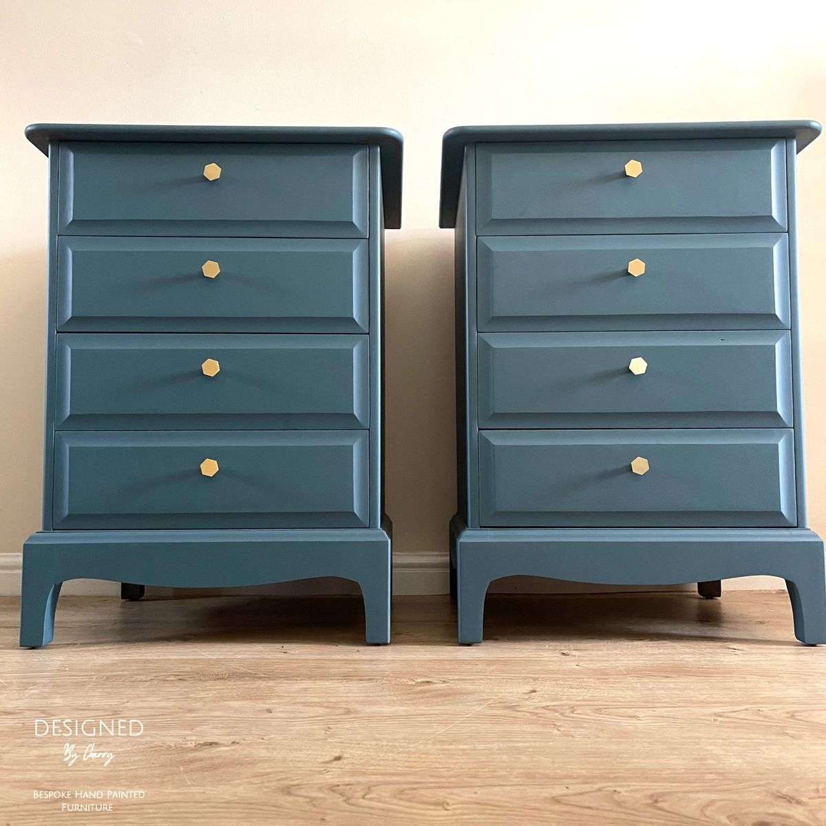 Stag Minstrel Blue And Gold 4 Drawer Bedside Tables