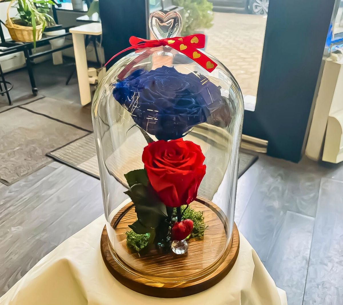 Glass dome preserved double roses (39)