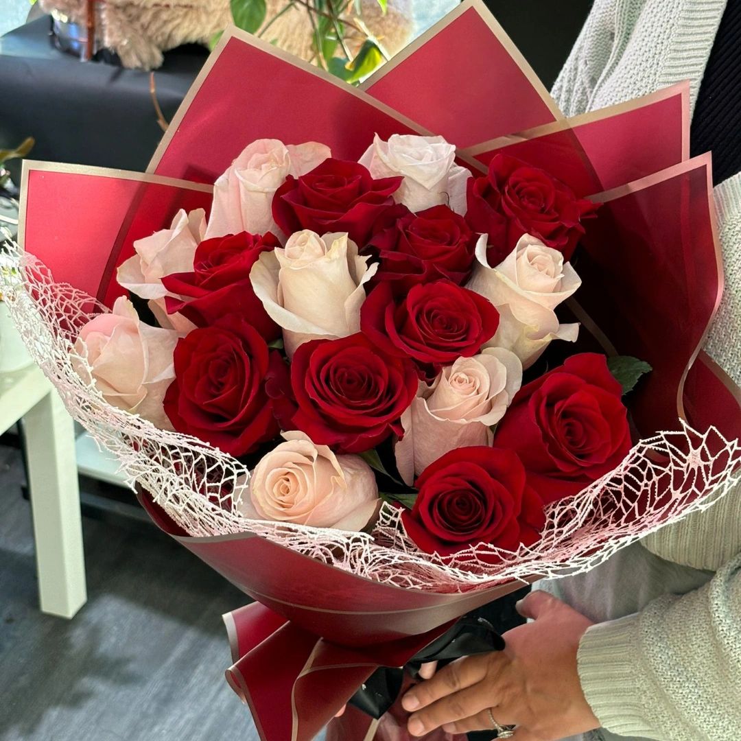 18 mix fresh roses light pink and red wrapped with elegant white mesh ...