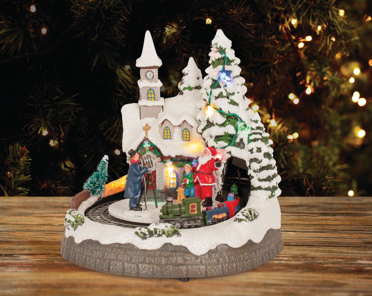 Animated village christmas train scene with santa photo. Moving train ...