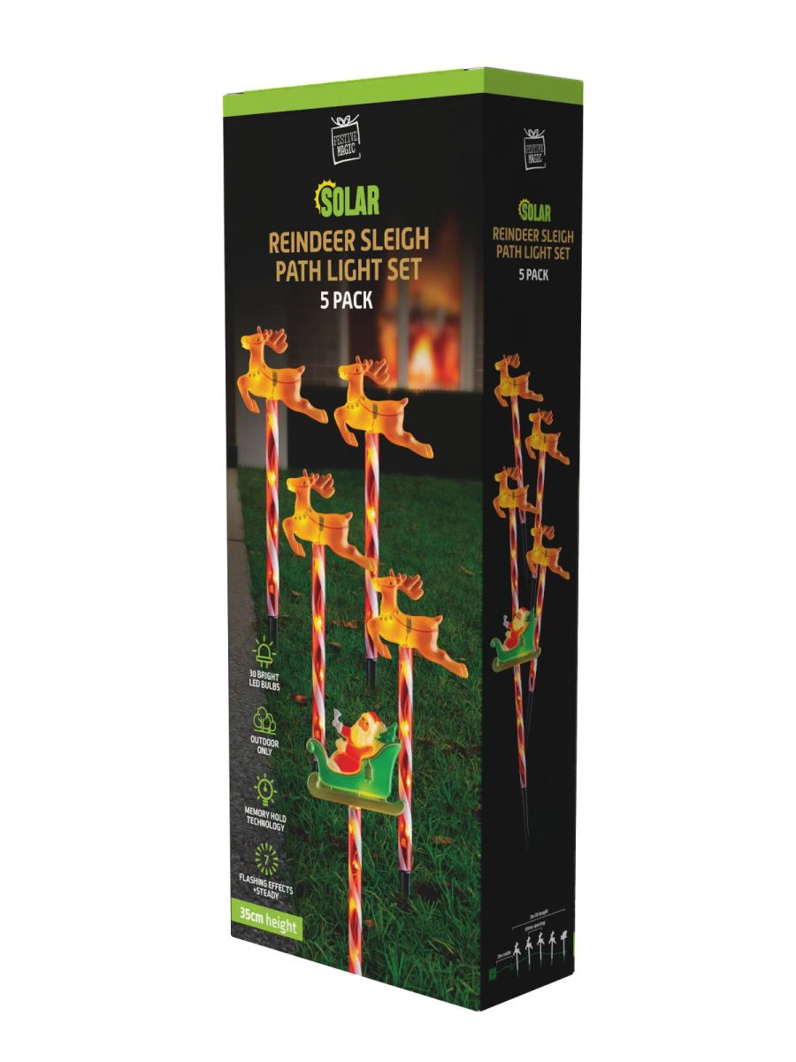 Solar Santa & Reindeer LED Path Lights 5 Pack Christmas Display