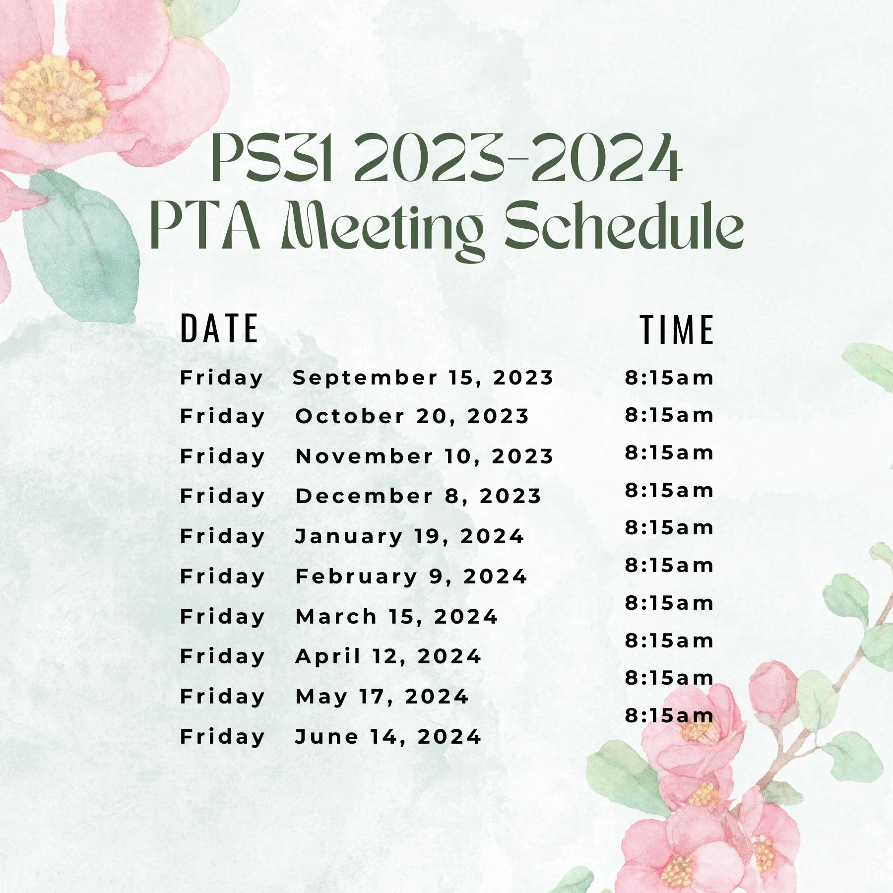 PTA Meeting Schedule | PS31 PTA