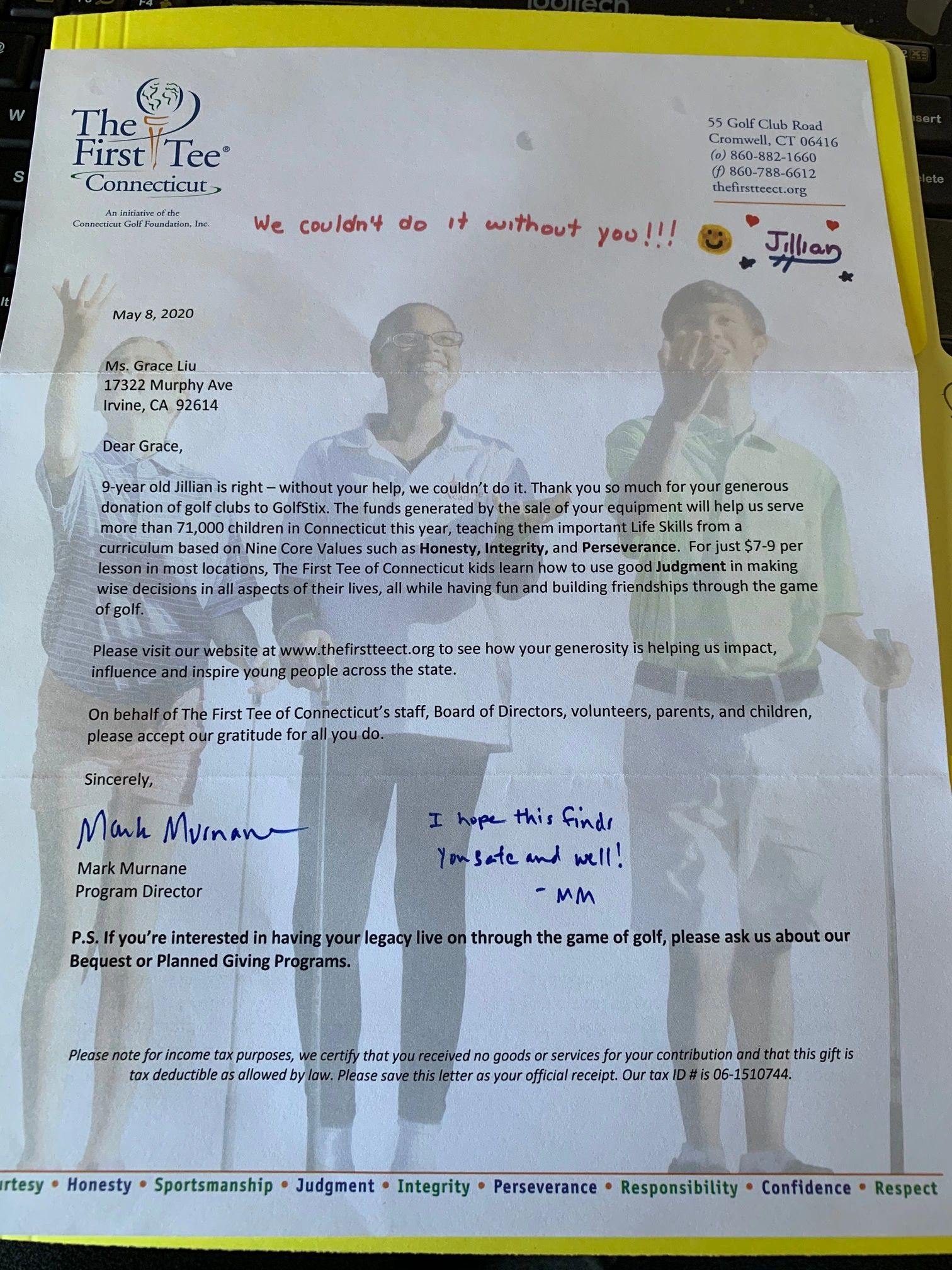 Thank you letter from First Tee Foundation!