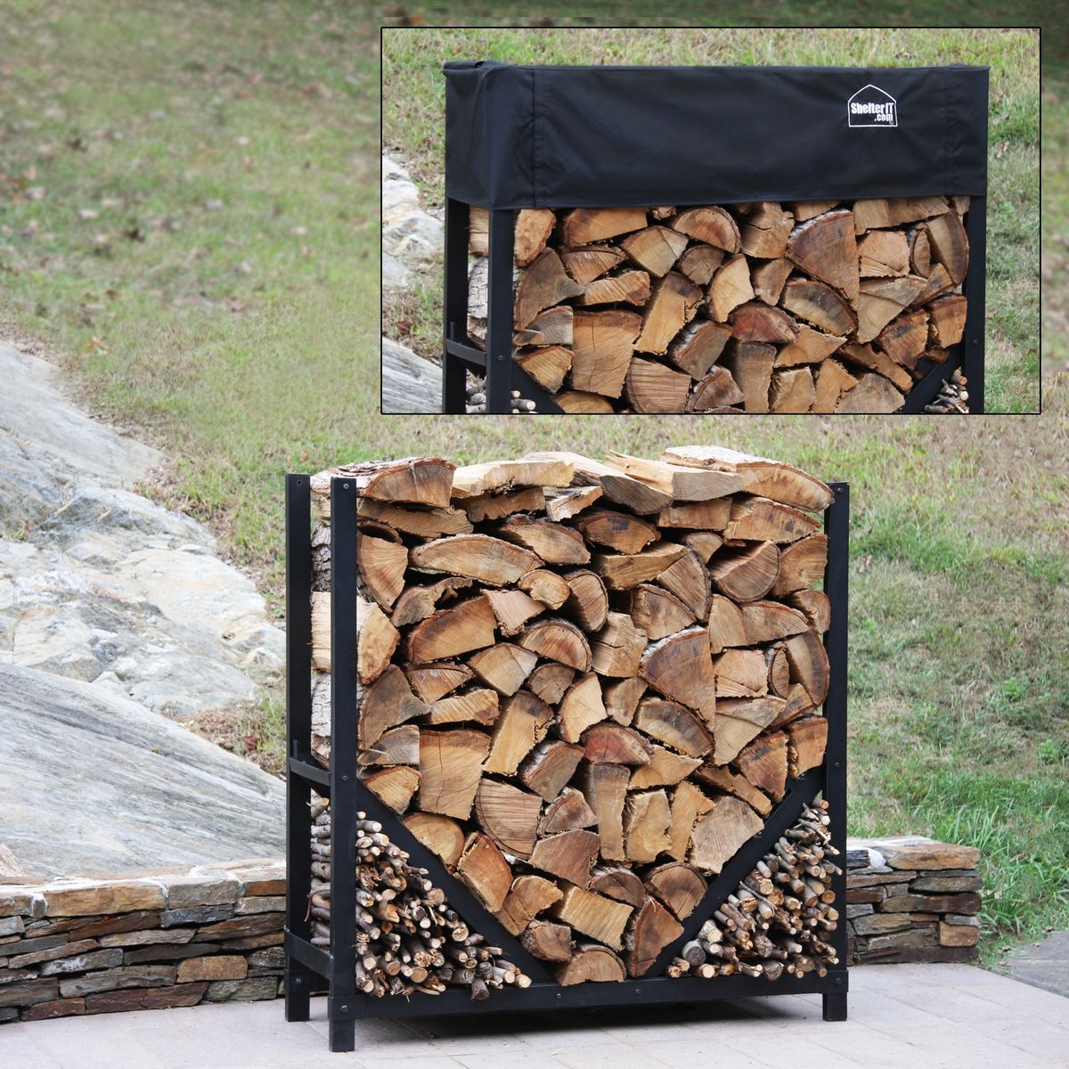 4' Straight Firewood Log Rack with Kindling Kit and 1' Cover