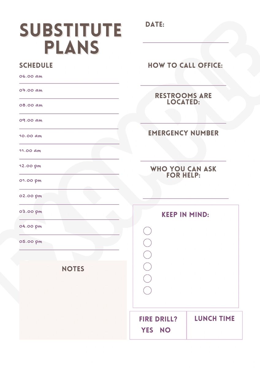 Substitute Teacher Planning Form Digital Download