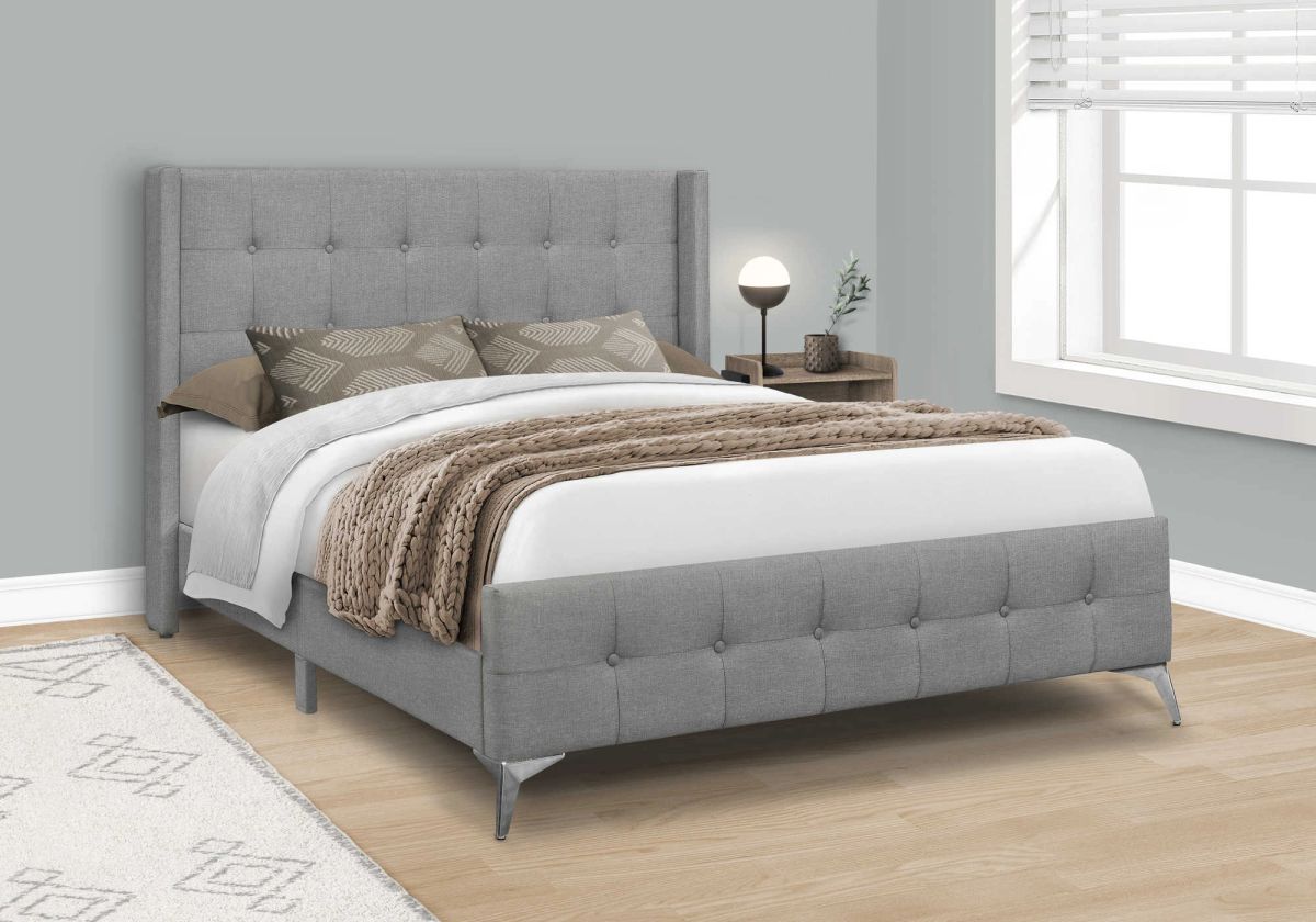I 6040Q - LIT QUEEN EN TISSU GRIS AVEC PATTES EN MÉTAL CHROMÉ