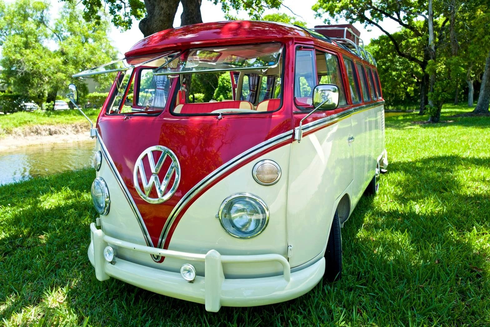 SOLD - VW BUS TYPE 1 CAMPER CHERRY RED AND CREAM